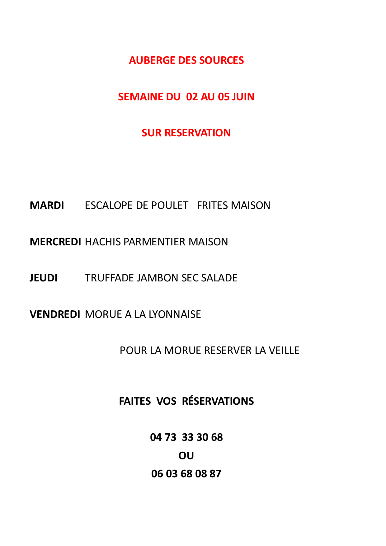 Auberge des sources menu du 02 au 05 juin 2020 | Ville de Saint-Myon ...